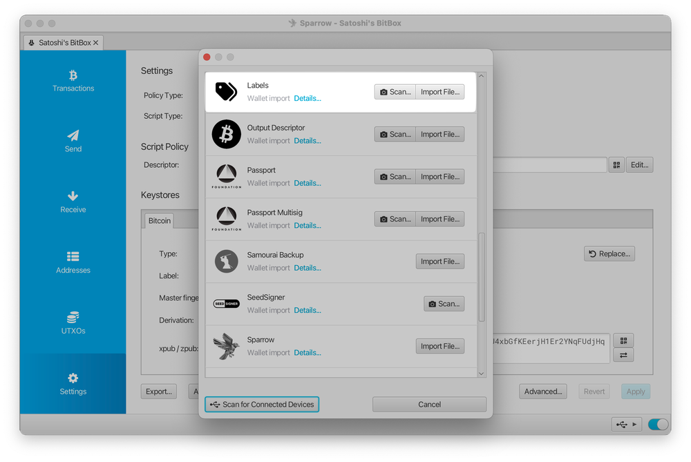 Import and export wallet labels with BIP-329
